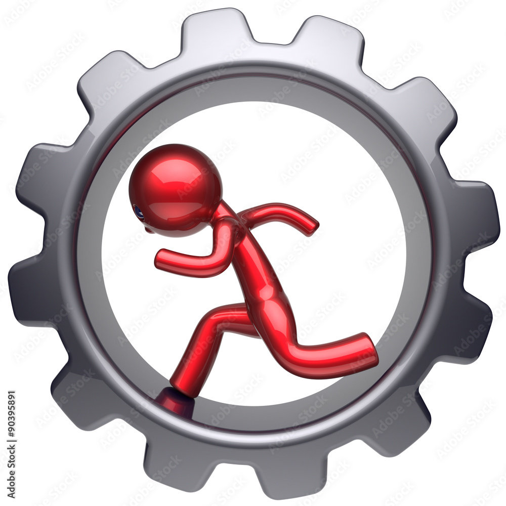 Running business inside gear wheel man stylized red character human ...