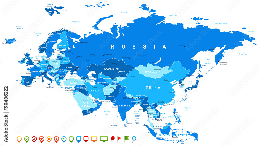 Eurasia map - highly detailed vector illustration. Image contains land ...