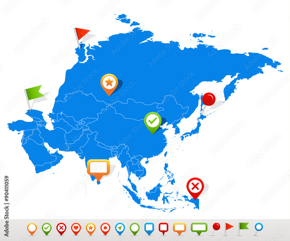 Vector illustration of Asia map and navigation icons. Stock Vector ...