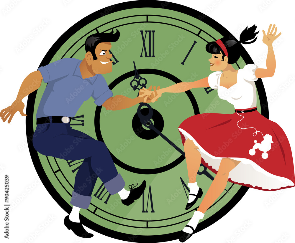 Rock around the clock. Young couple dressed in 1950s fashion dancing ...