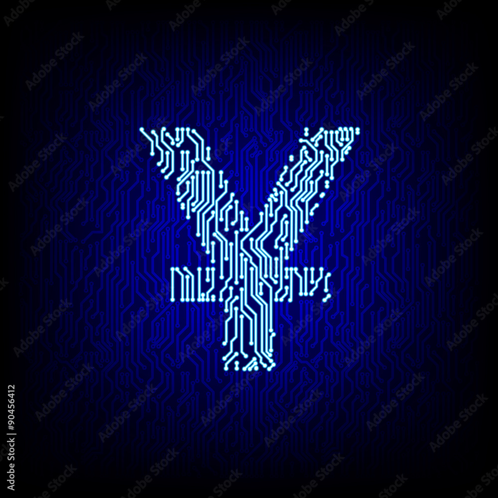 Cyber money concept. Circuit board yuan symbol on the digital high tech ...