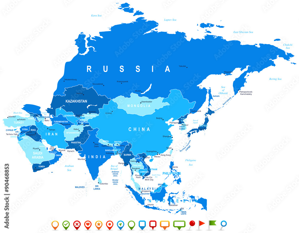Asia map - highly detailed vector illustration. Image contains land ...