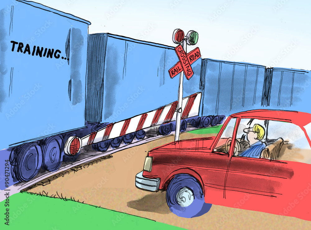 Business cartoon showing a train coming through a traffic crossing ...
