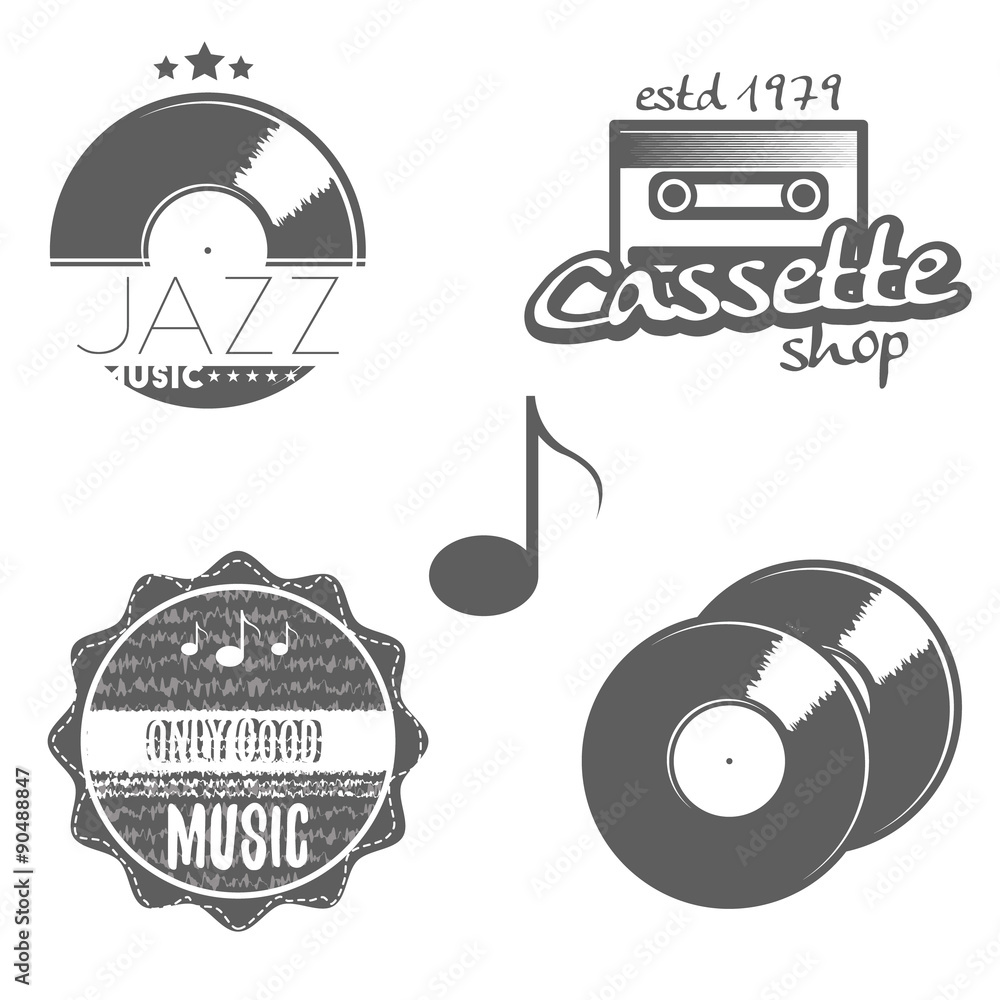 Set of music labels with some music elements: gramophone disk (record ...