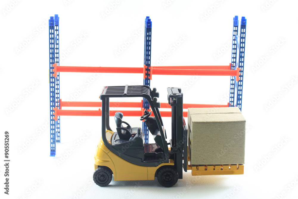 Accident of Electrical forklift and rack isolated on a white bac Stock ...