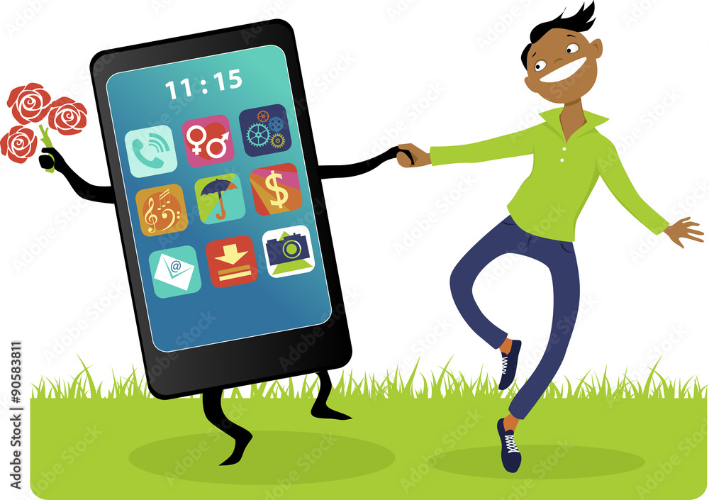 Happy cartoon guy walking hand in hand with a giant smartphone, vector ...
