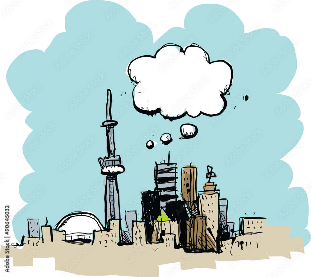 A cartoon skyline of the city of Toronto, Ontario, Canada thinking with ...