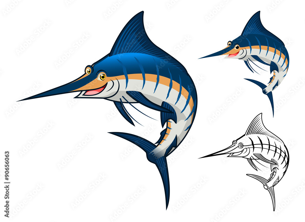 High Quality Blue Marlin Cartoon Character Include Flat Design and Line ...