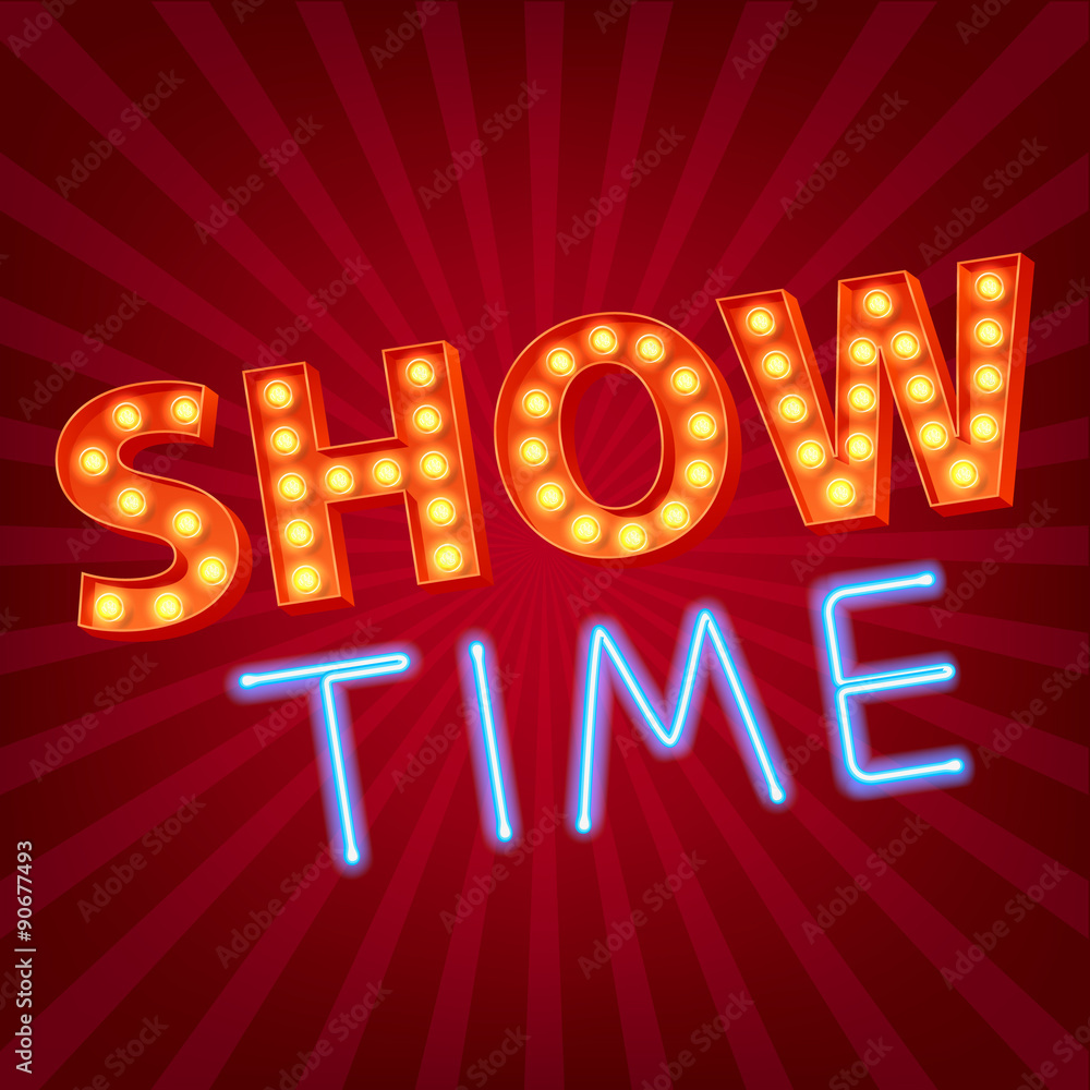Vecteur Stock Show time neon and bulb letters advertisment vector ...