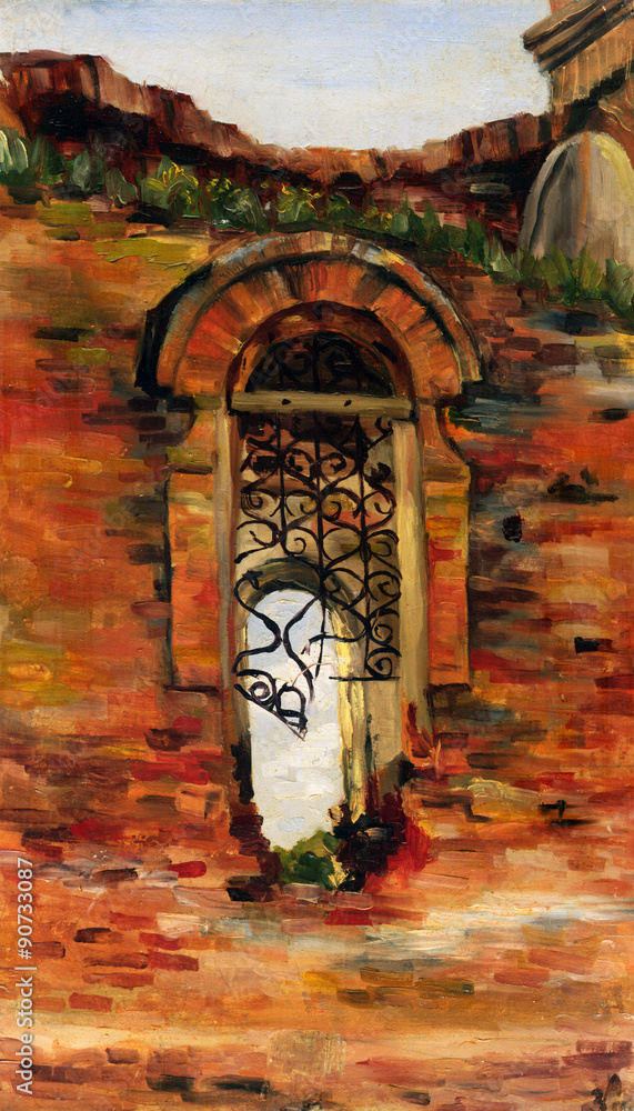 Arched window with bars in the old ruined Church. Oil painting Stock ...