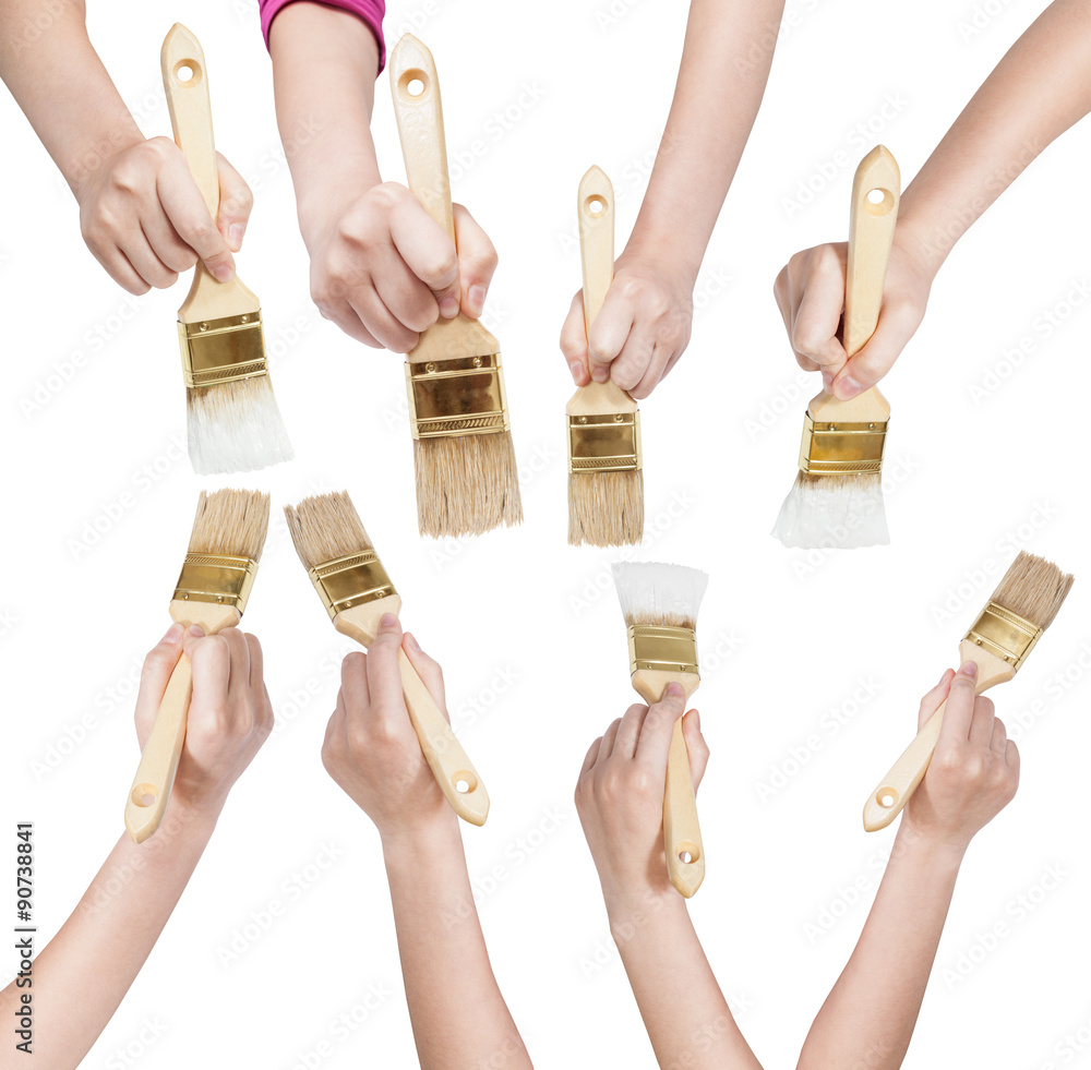 set of hands with flat paint brush with clean tips Stock Photo | Adobe ...