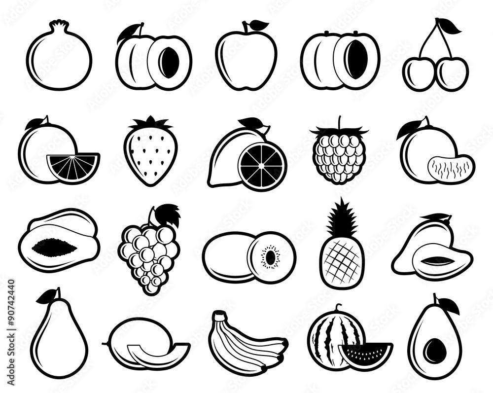 Vector Black and White Fruits Icons Stock Vector | Adobe Stock