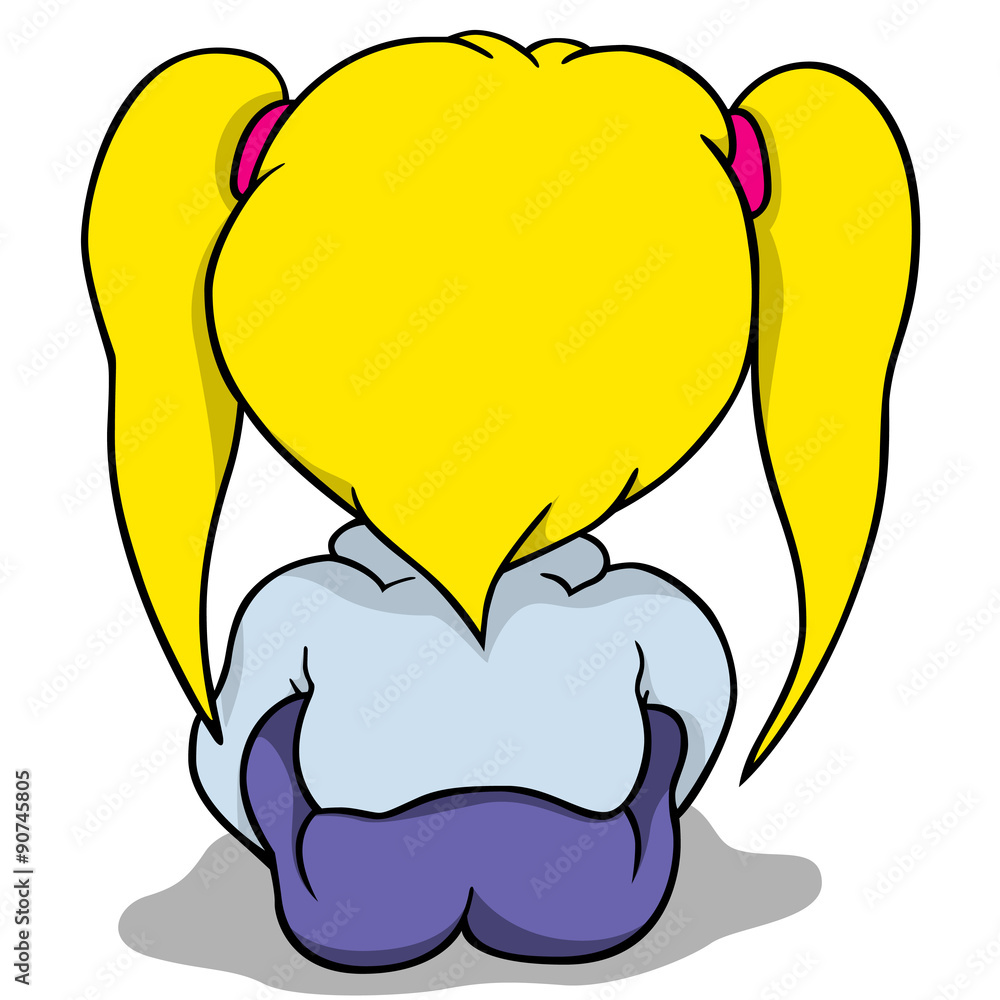 Ponytailed Sitting Girl, Back View - Cartoon Illustration, Vector Stock ...