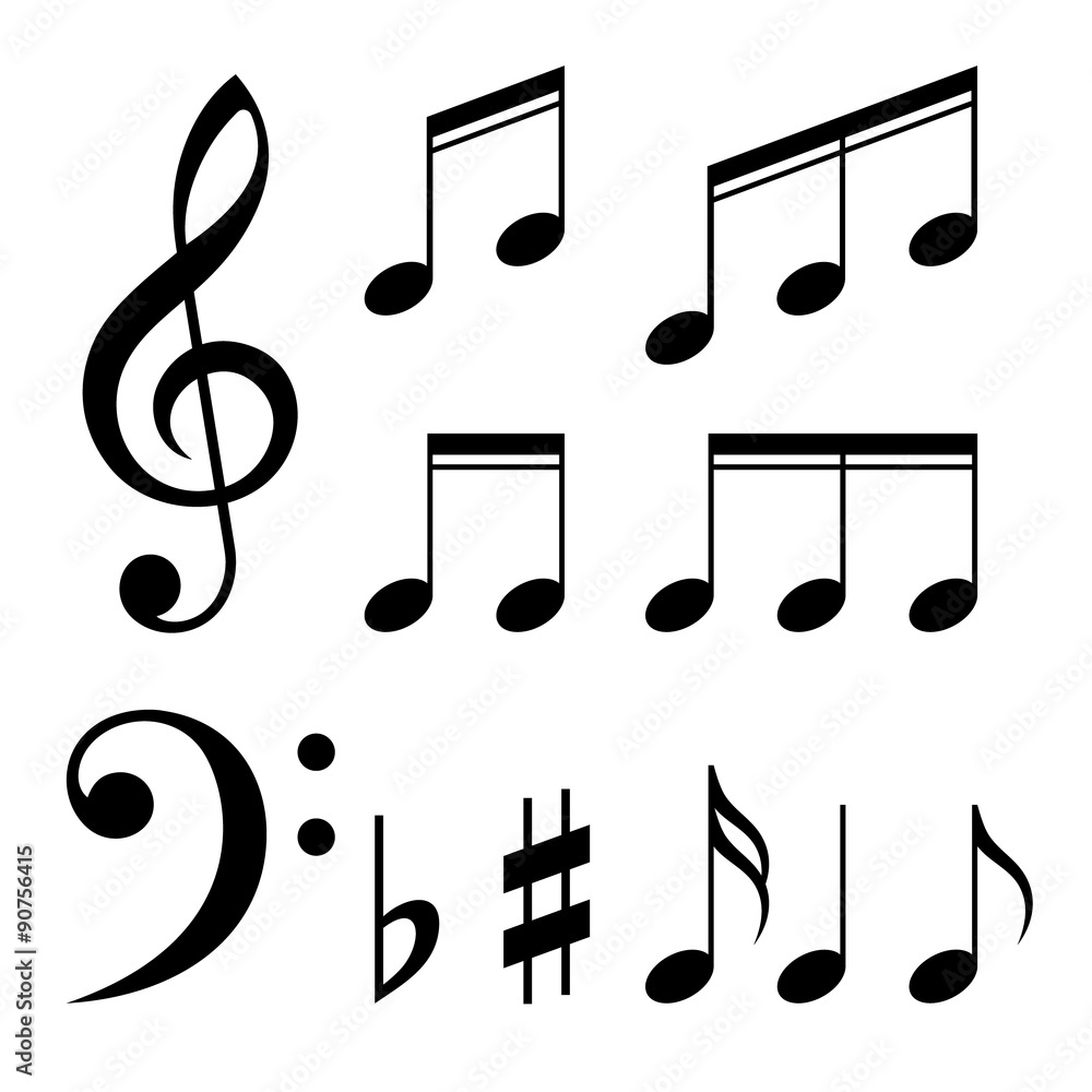 Vecteur Stock Set of music notes vector. Black and white silhouettes ...