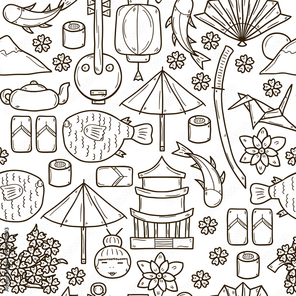 Seamless background with objects in hand drawn outline style on Stock ...