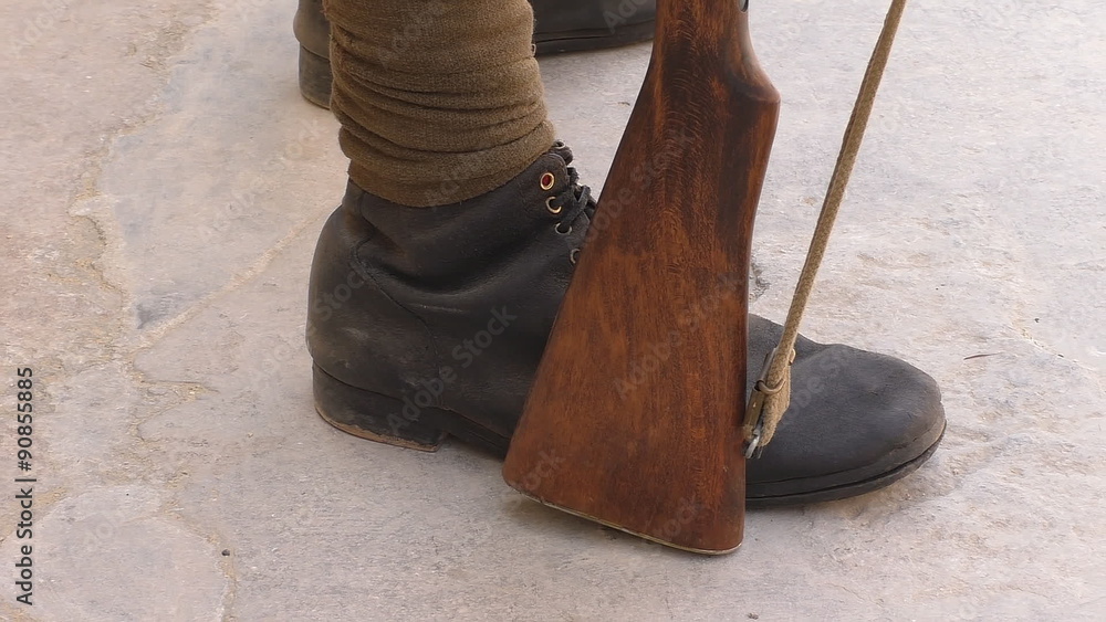 Close up of around 1910 year or WW1 infantry soldier's feet wearing ...