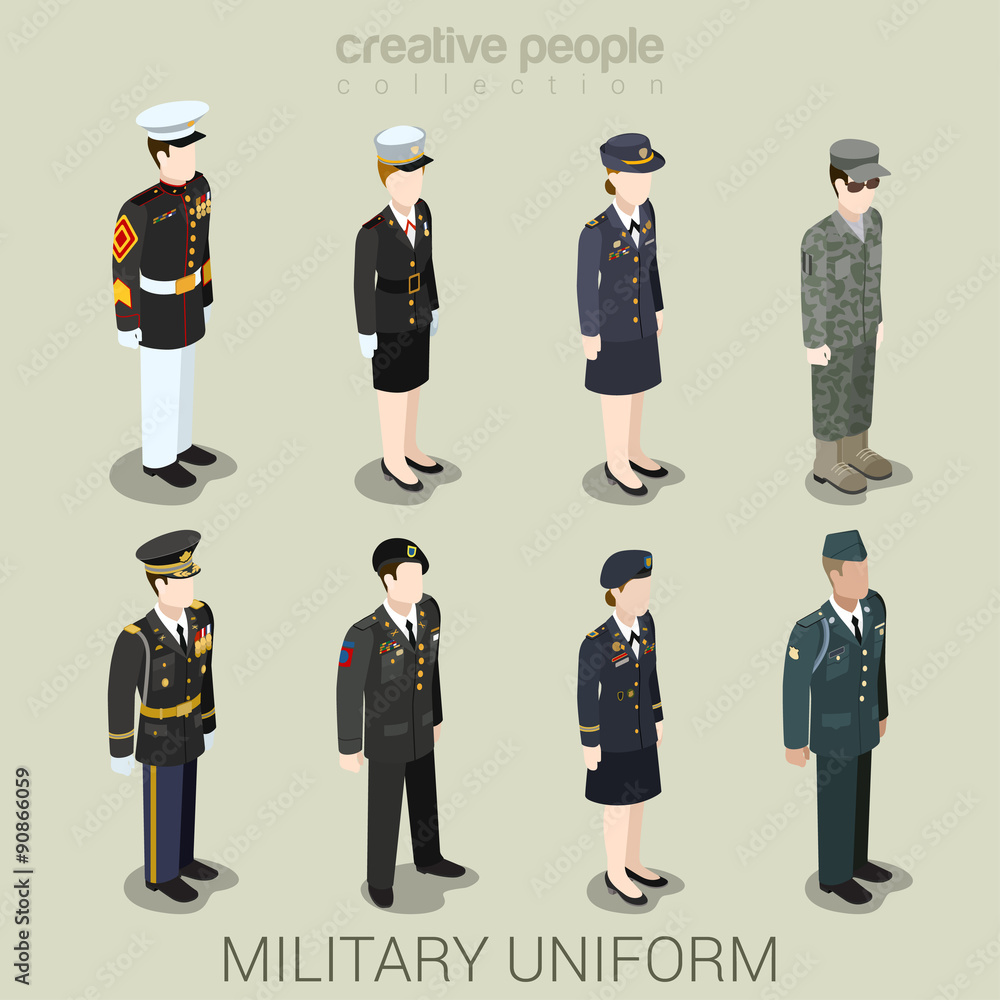 Military army people in uniform flat style isometric icon set Stock ...