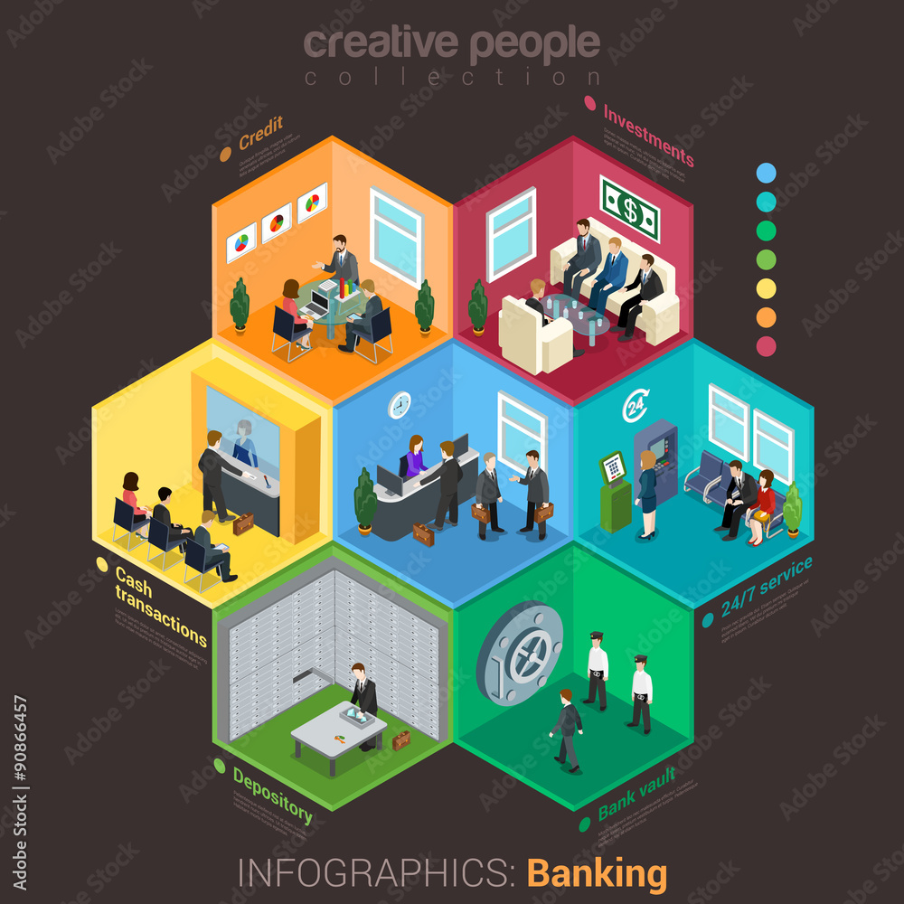 Bank interior in vector isometric banking infographics Stock Vector ...