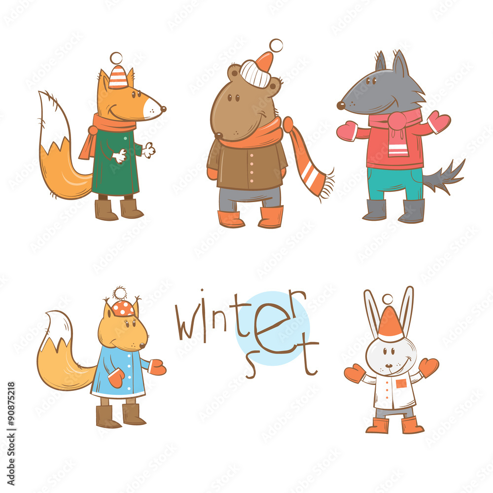 Vector winter set with cartoon forest animals in winter clothes. Stock ...