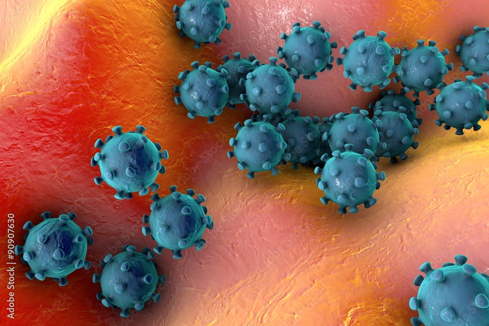 Microscopic view of virus on the surface of skin, mucous membrane or ...