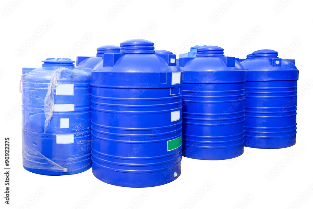 Blue plastic water tanks isolated on white background. Stock Photo ...
