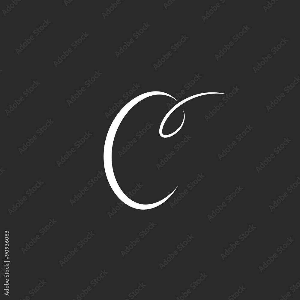 Handwritten letter C logo, monogram of fine lines, black and white ...