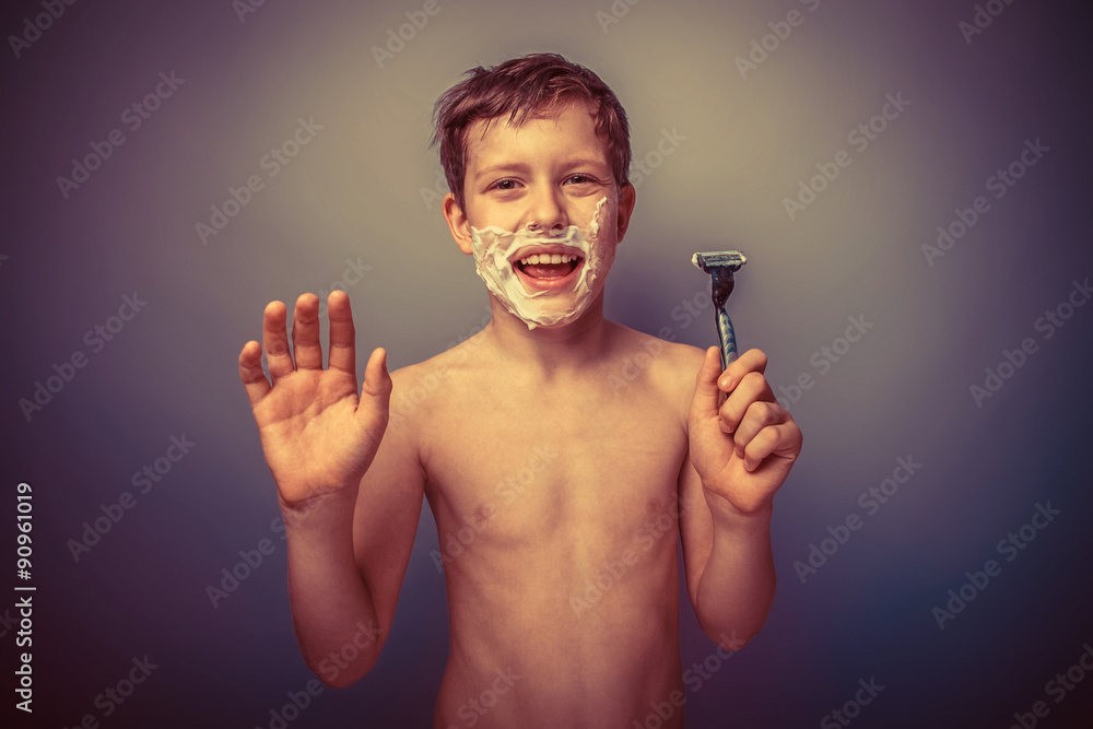 Teen boy shirtless European appearance in brown hair foam on his Stock ...