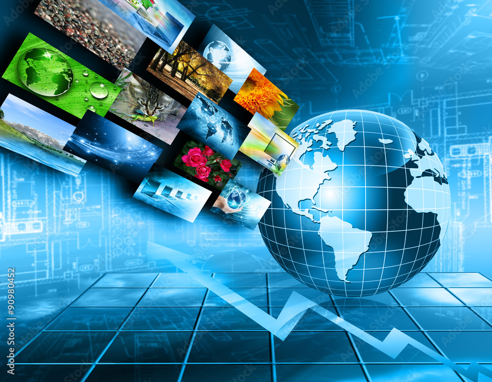 Globe, Monitors and glowing lines on technological background ...