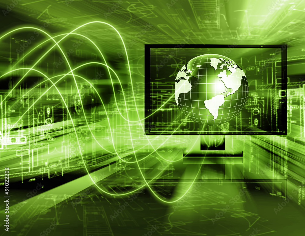 Globe and glowing lines on technological background. Technology ...