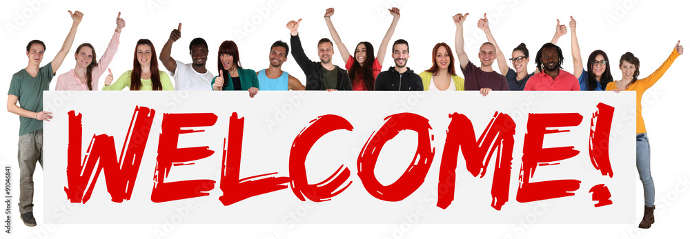 Welcome sign group of young multi ethnic people holding banner Stock ...