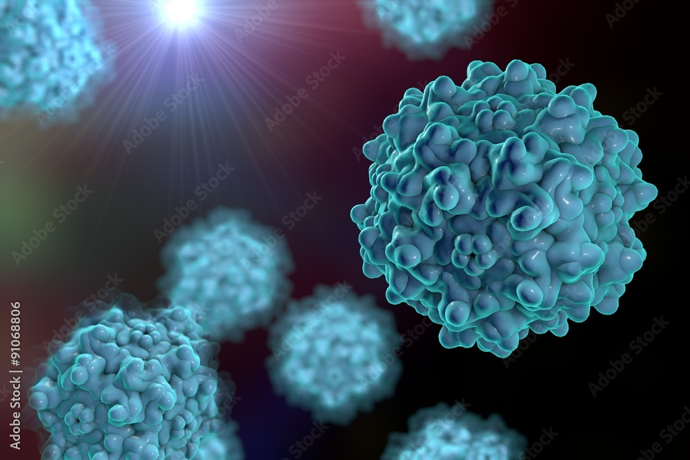Background with viruses. Adeno-associated virus serotype 1. Virus is ...