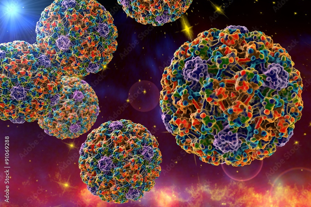 Human Papillomavirus type 16 on surrealistic background (HPV). A model ...