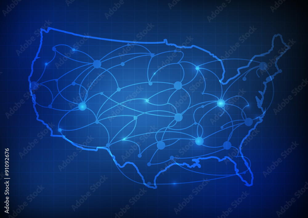 Vector : USA map with network line and grid blue background Stock ...