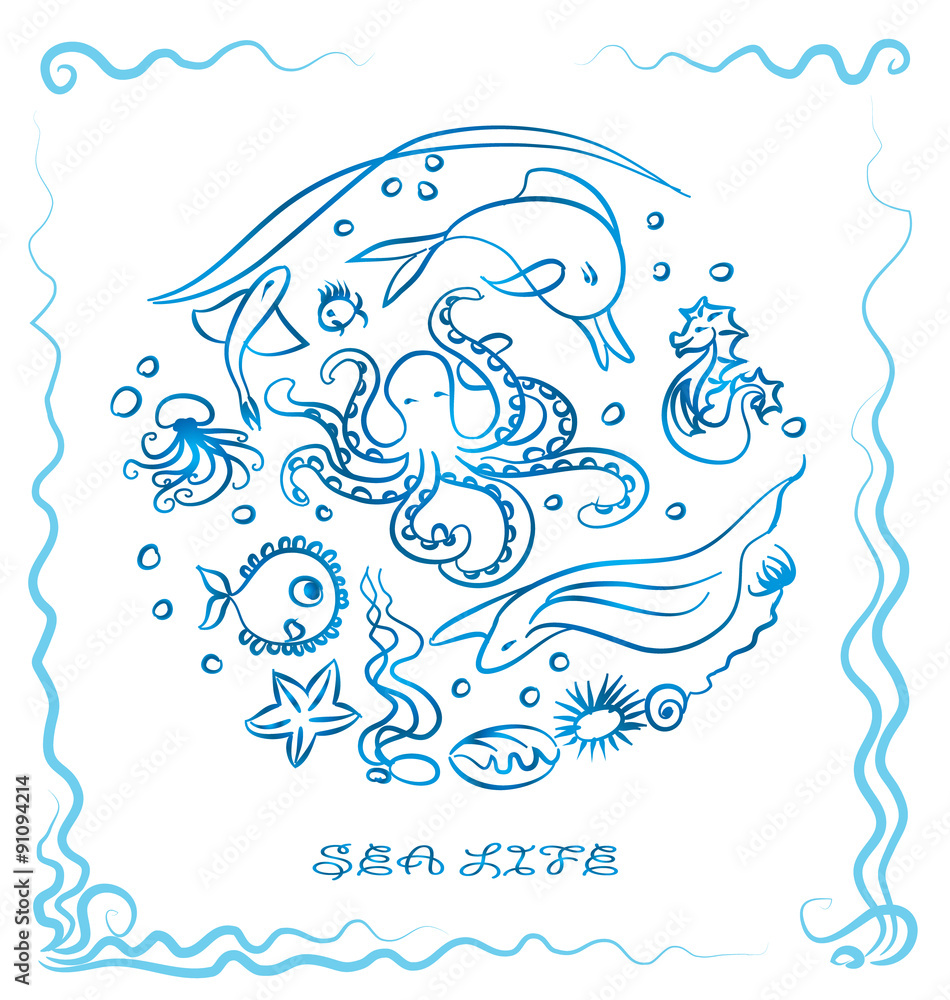 Sea life - ink paint sea animal vector illustration. Blue outline ...