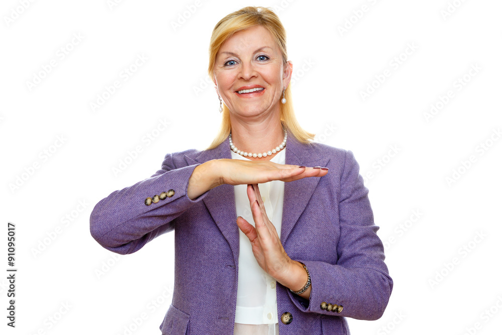 Happy smiling old senior woman 60-65 years in suit with white teeth ...