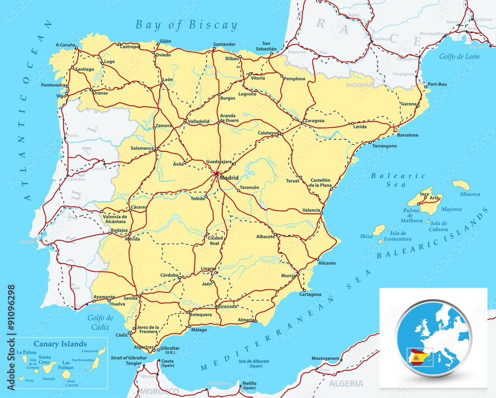 Detailed map of Spain Stock Vector | Adobe Stock