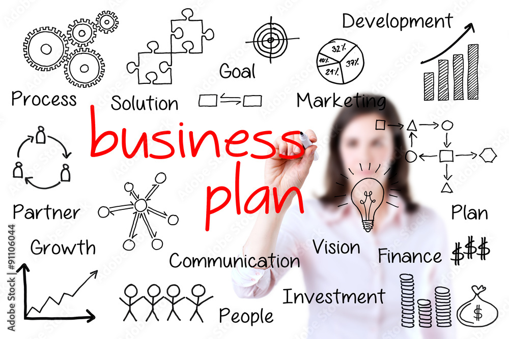 Young business woman writing business plan concept, white background ...