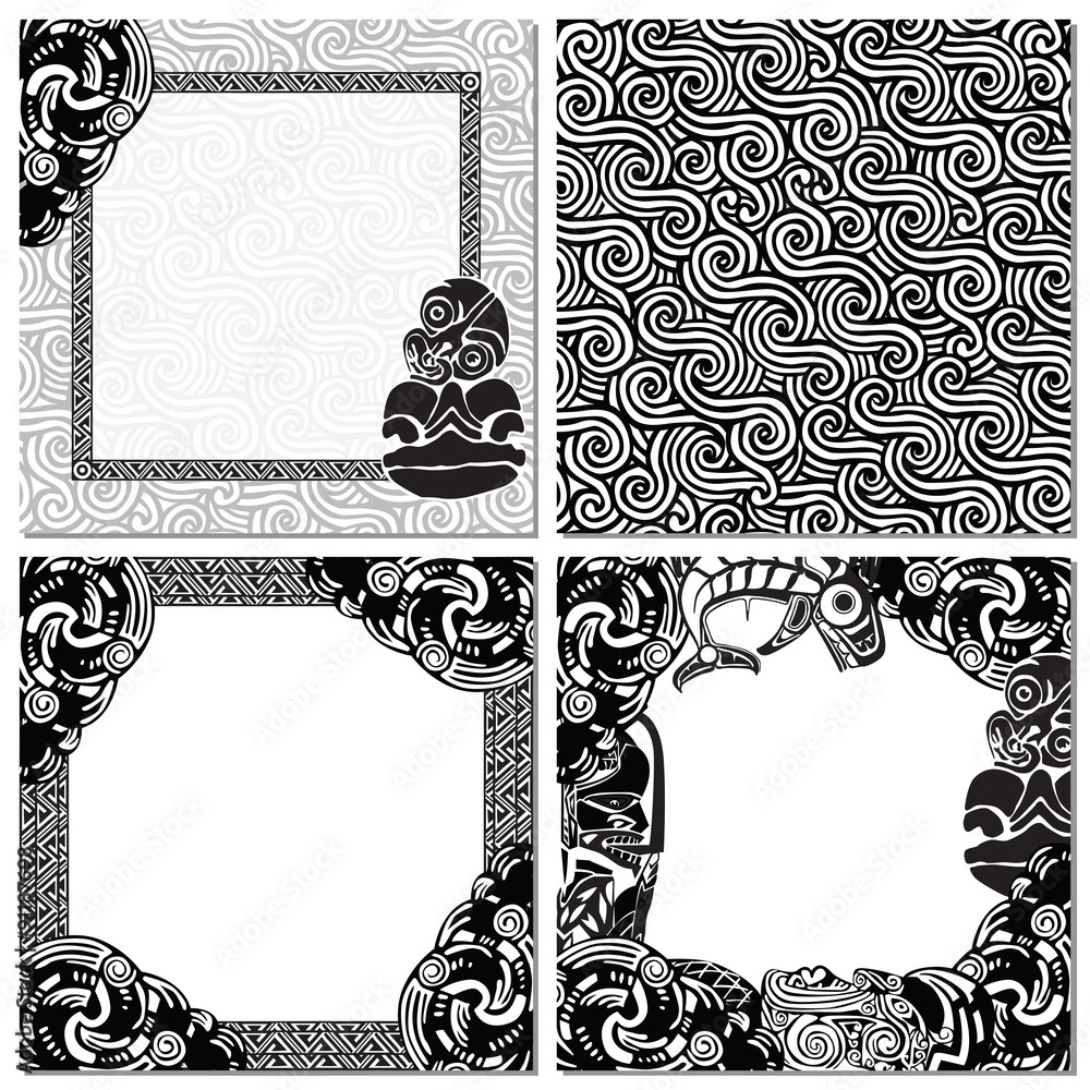seamless texture, and three picture frames in the style of the Maori ...