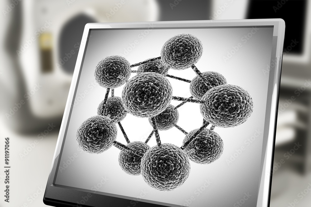 A single atom scientific illustration on monitor in laboratory Stock ...