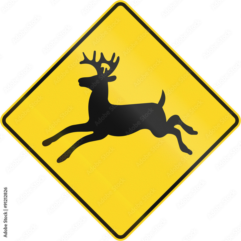 Canadian road warning sign: Deer crossing. This sign is used in Quebec ...