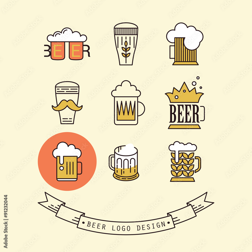Beer logo design for pub, bar or restaurant. Thin line icons vec Stock ...