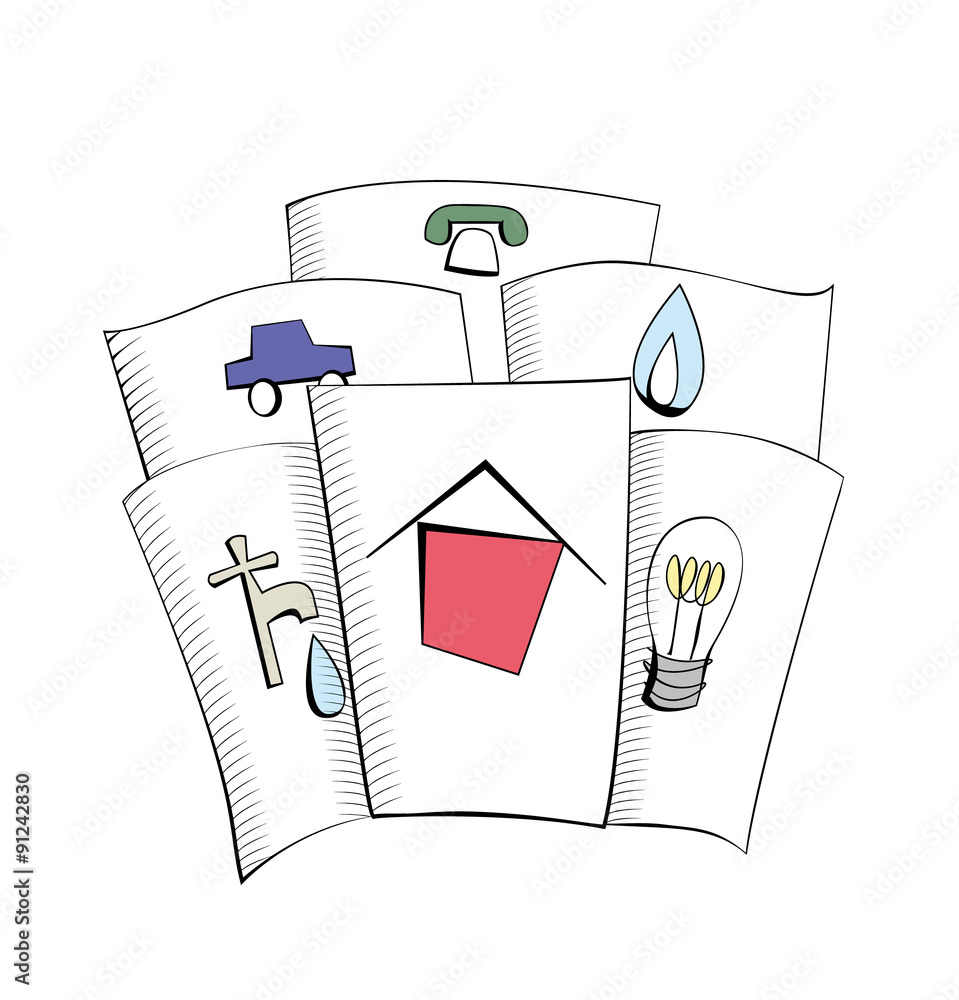 Cartoon of house, gas flame, light bulb, tap, telephone and car as ...