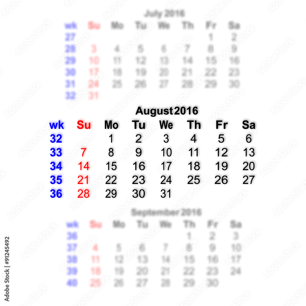 Vector illustration 2016 calendar grid. Month on a blurred background ...