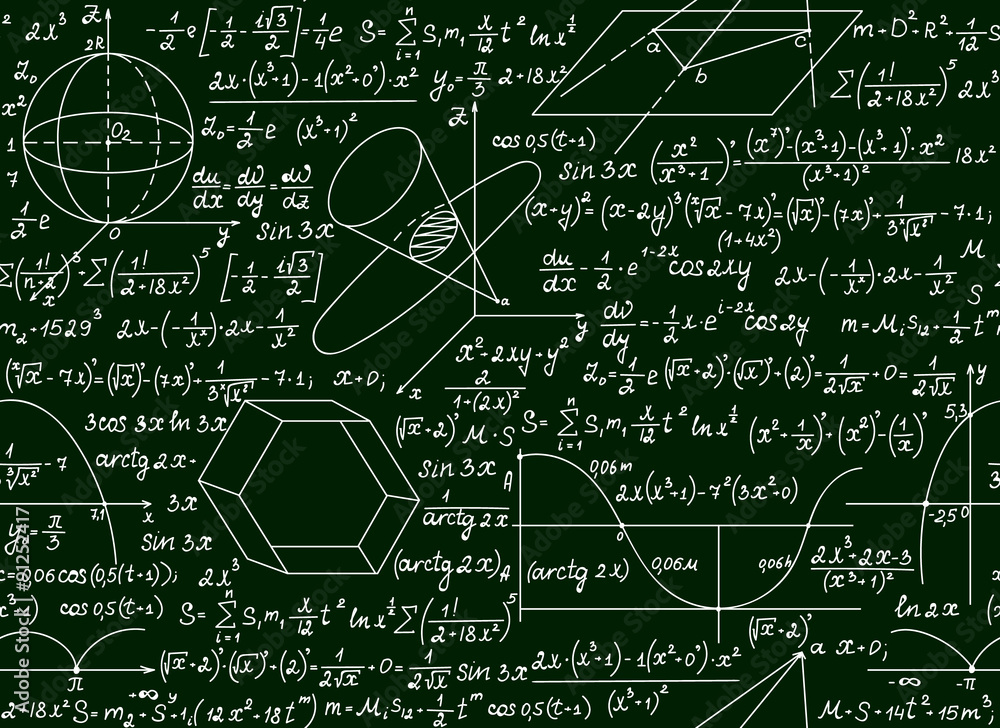 Mathematical vector seamless pattern with plots, formulas and calculations on a green background ...