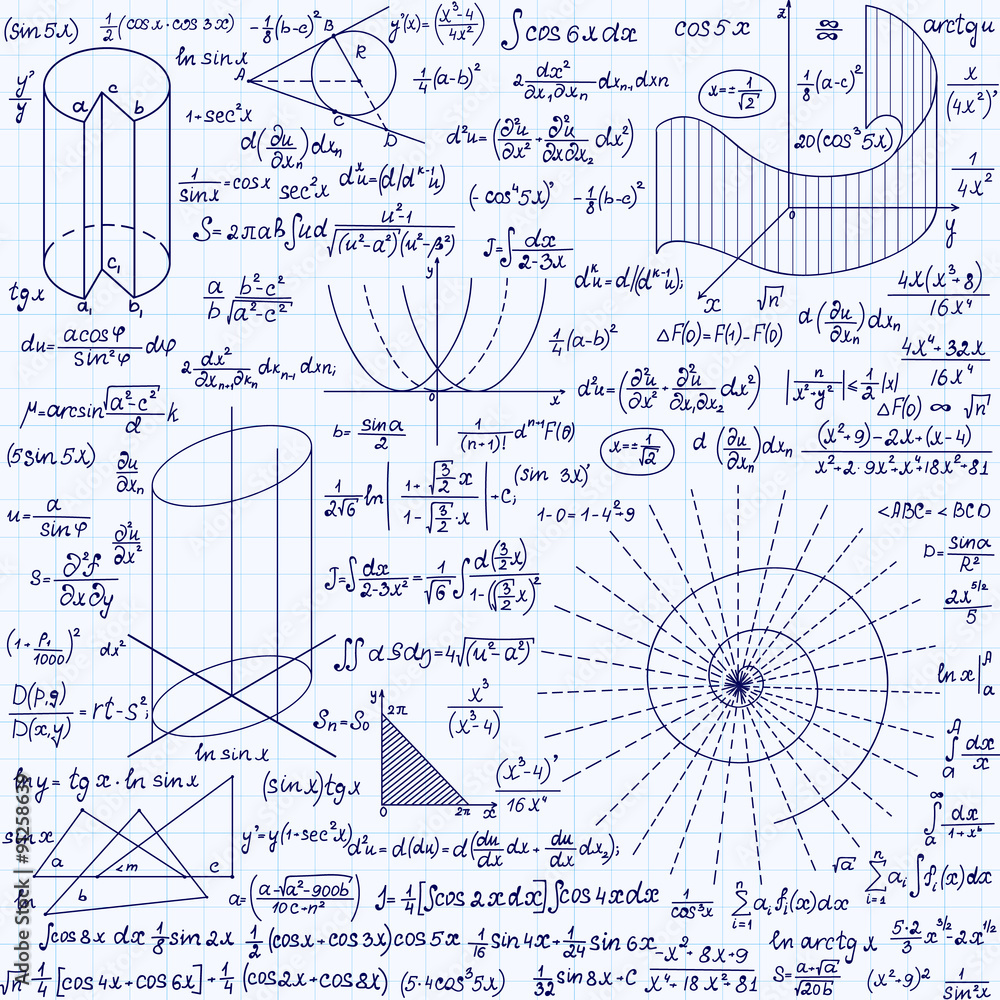 Mathematical vector seamless pattern with geometrical figures, plots and equations, "handwritten ...