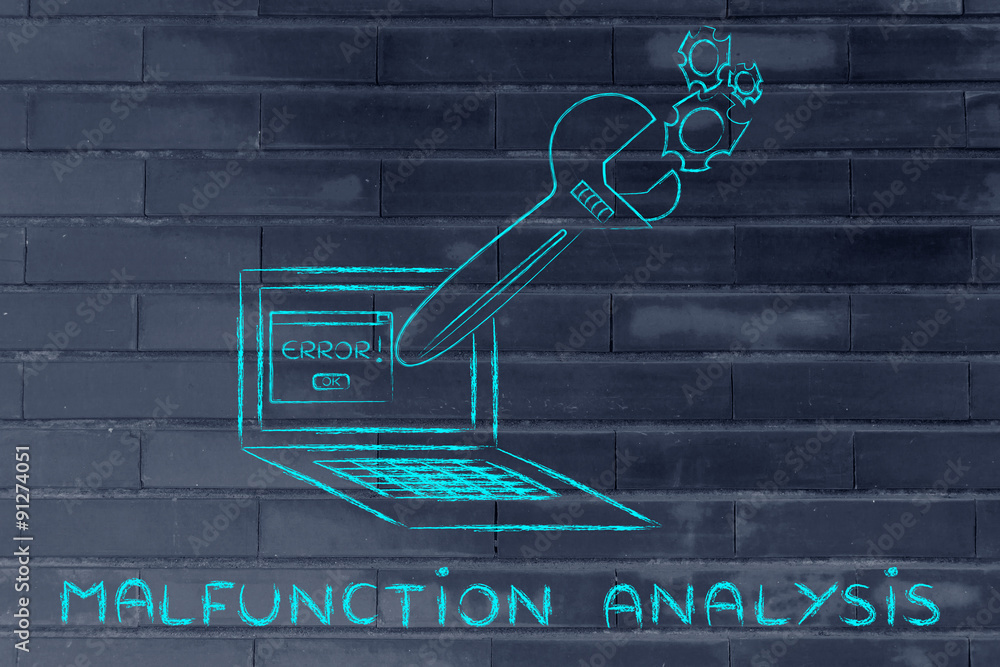 oversized wrench fixing a computer, malfunction analysis Stock ...