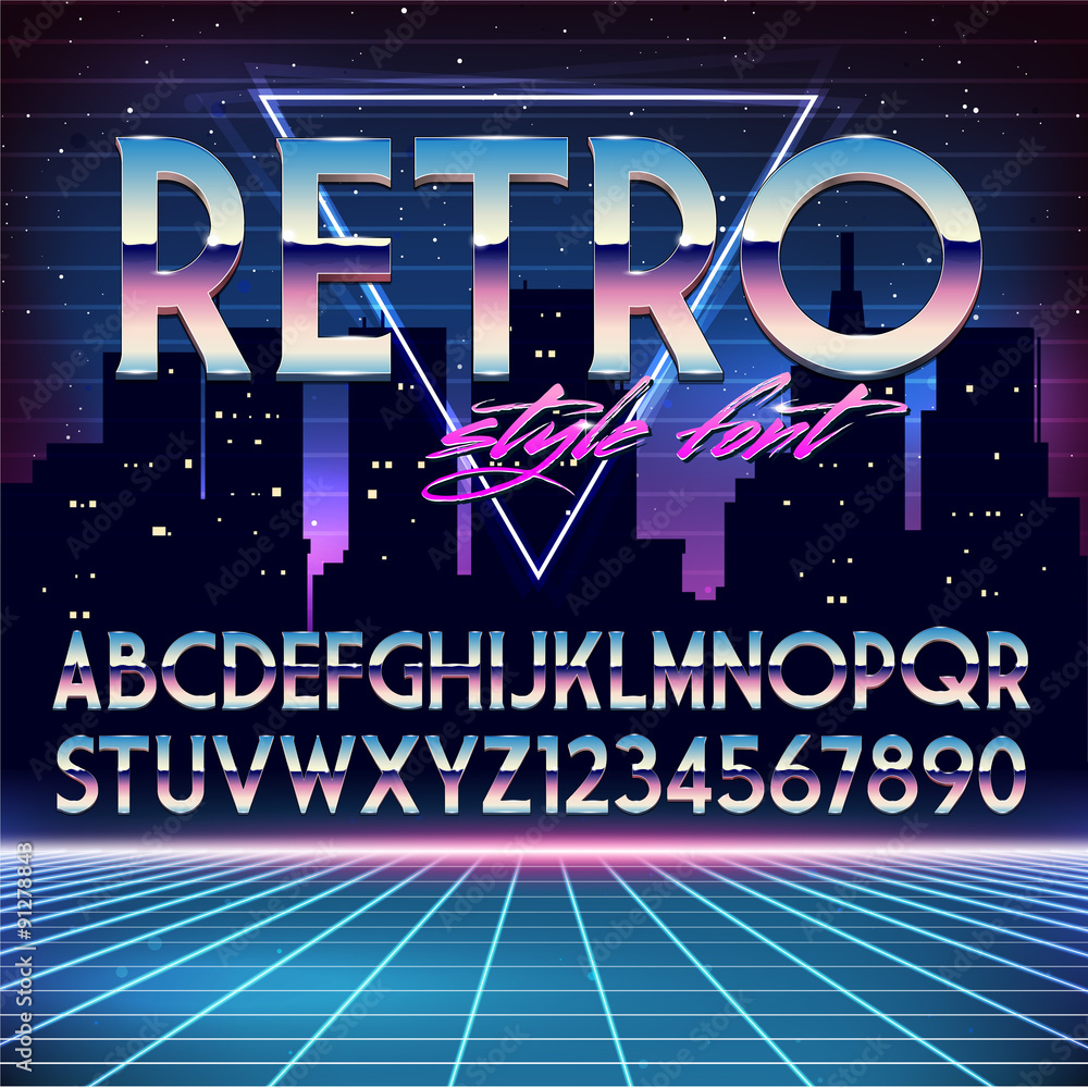 Shiny Chrome Alphabet in 80s Retro Futurism style. Vector font on ...