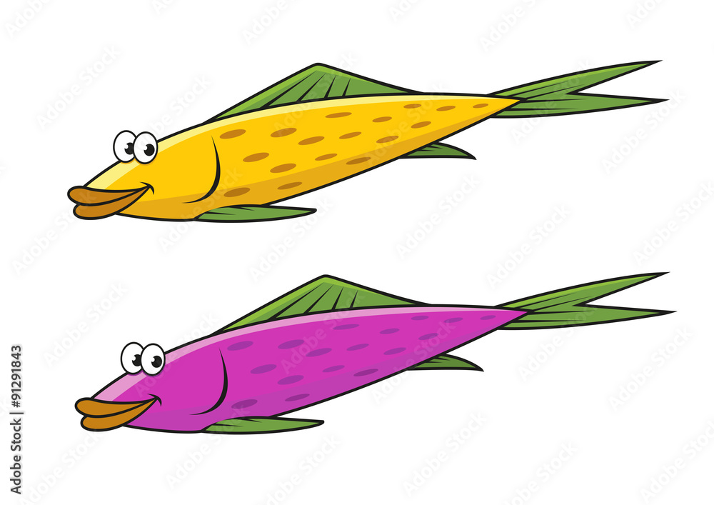 Cartoon yellow and violet fish characters Stock Vector | Adobe Stock