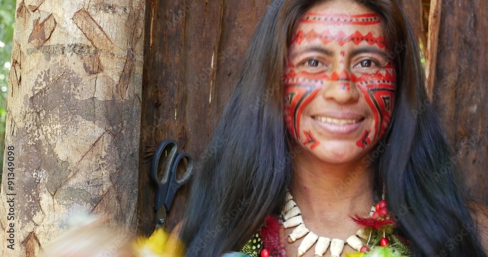 Native Brazilian woman at an indigenous tribe in the Amazon Stock Video ...