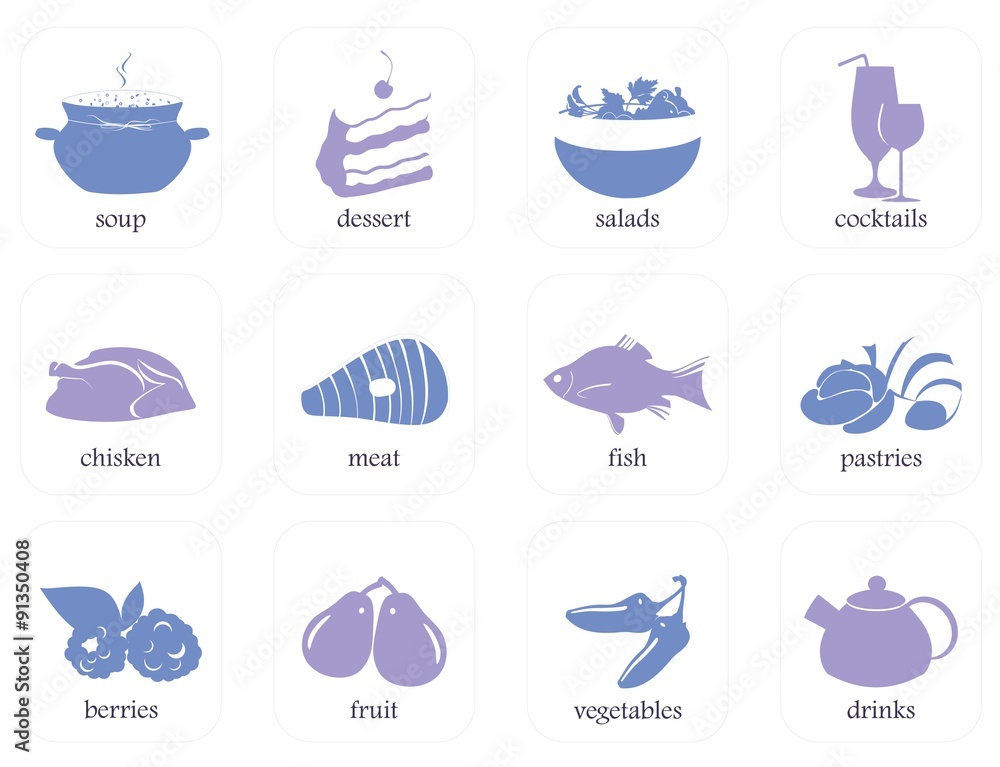 Cooking icons and labels. Icons for recipe books include logos desserts ...